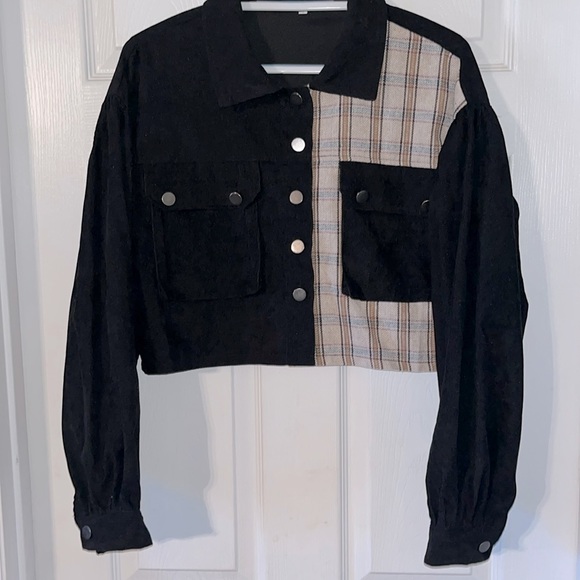 SHEIN | Jackets & Coats | Womens Shein Crop Jacket Black Corduroy Plaid ...